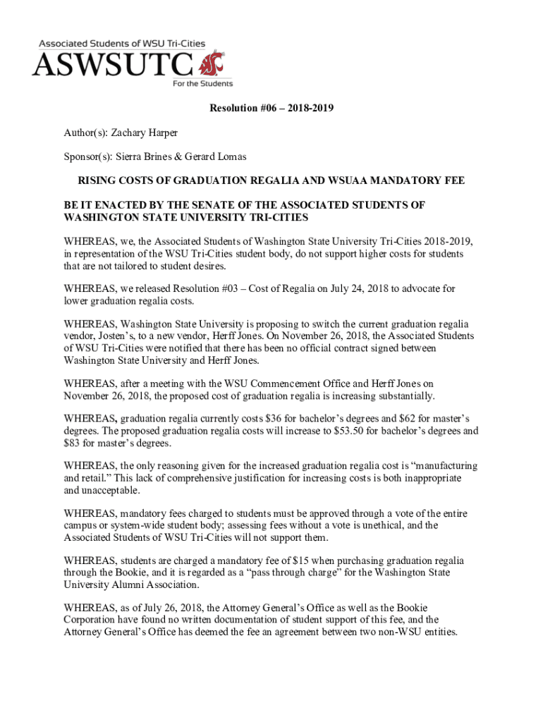 Fillable Online tricities wsu Resolution #06 - Rising Cost of Regalia ...