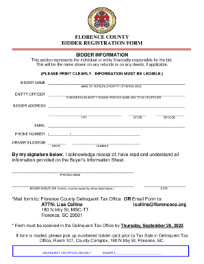 Fillable Online FLORENCE COUNTY BIDDER REGISTRATION FORM Fax Email ...