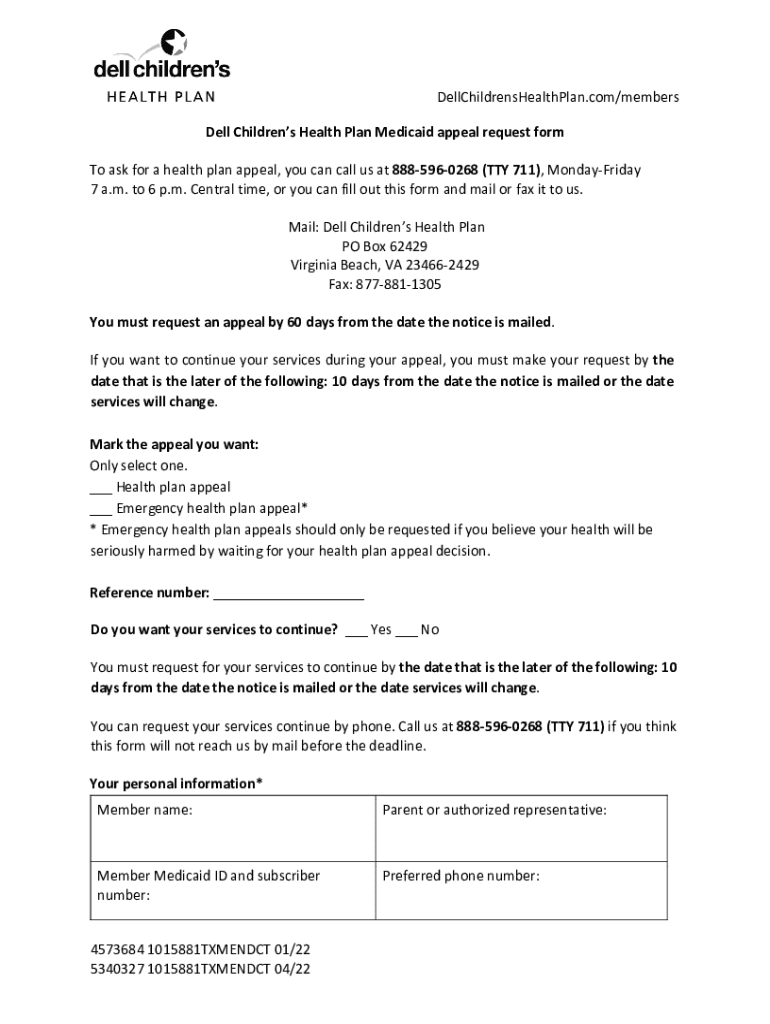 Fillable Online Dell Children's Health Plan Medicaid Appeal Request ...