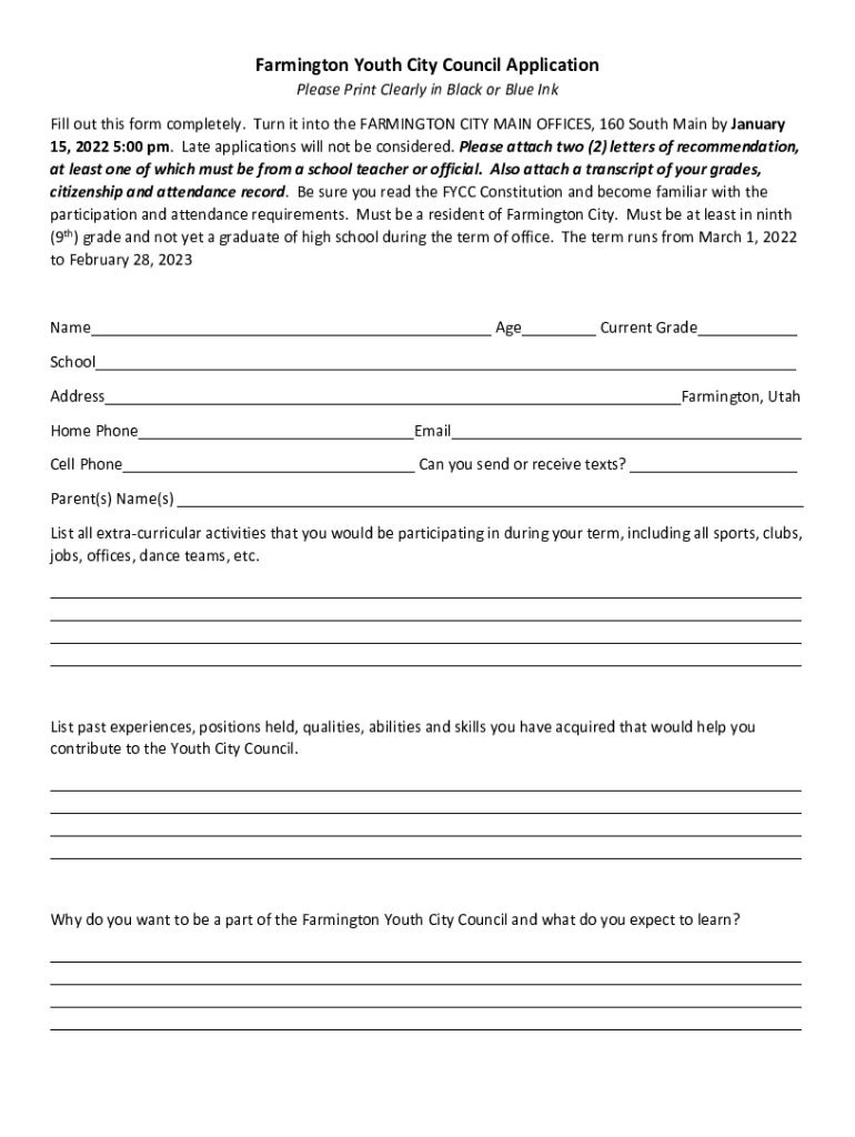 Fillable Online Youth City Council Application - Farmington City, Utah ...