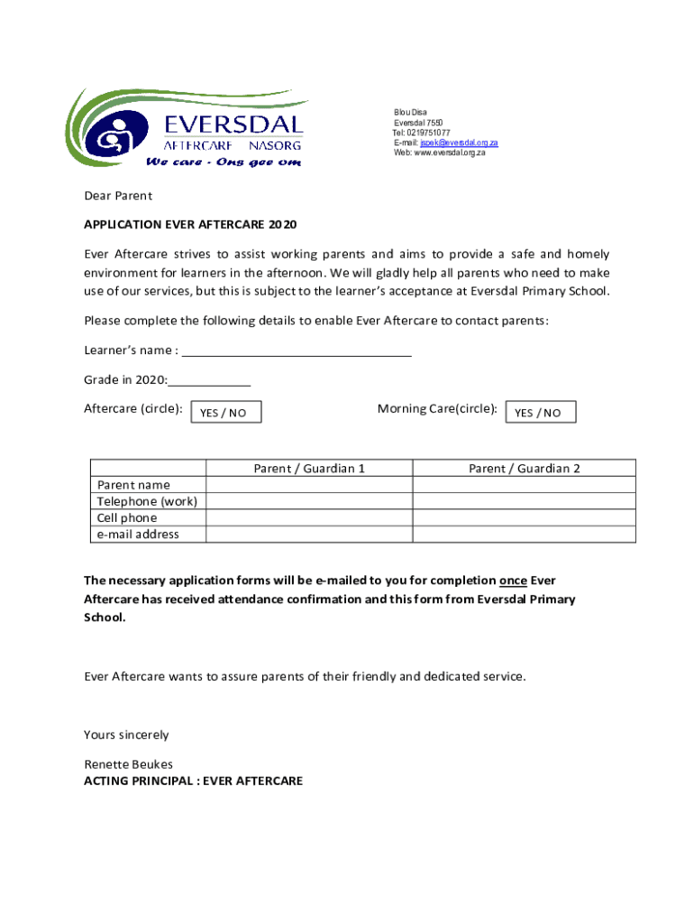 Fillable Online Parent APPLICATION EVER AFTERCARE 2020 Fax Email Print ...
