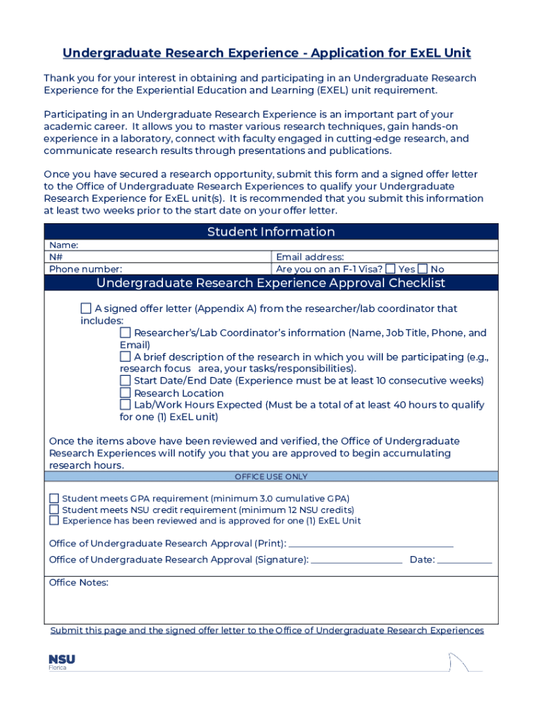 Fillable Online Undergraduate Research Experience - Application for ExEL Unit Fax Email Print ...