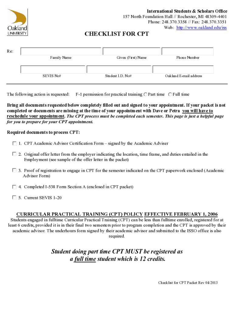 Fillable Online Undergraduate CPT Packet.doc Fax Email Print - pdfFiller