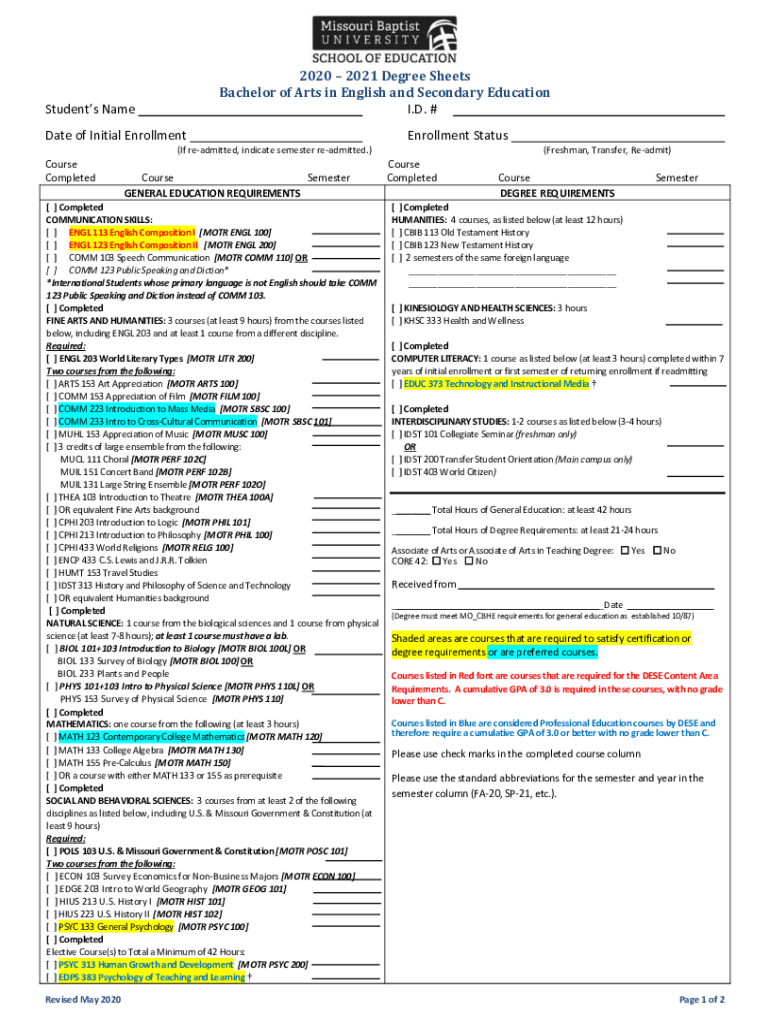 Fillable Online 2020 2021 Degree Sheets Fax Email Print - pdfFiller