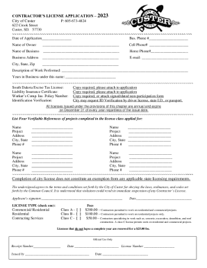 Fillable Online CONTRACTOR'S LICENSE APPLICATION2023 City of Custer Fax ...