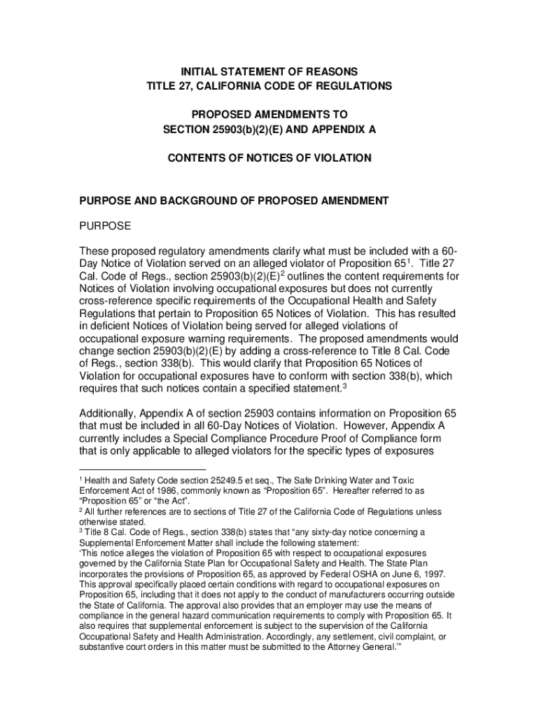 Fillable Online oehha ca Initial Statement of Reasons Title 27 ...