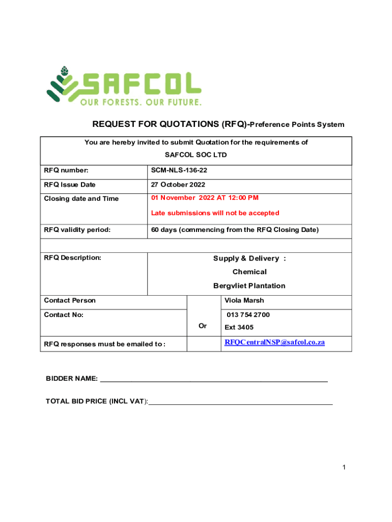 Fillable Online REQUEST FOR QUOTATIONS (RFQ)-Preference Points ... - SAFCOL Fax Email Print ...