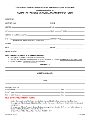 Fillable Online GOLD STAR FAMILIES MEMORIAL MARKER ORDER FORM Fax Email ...