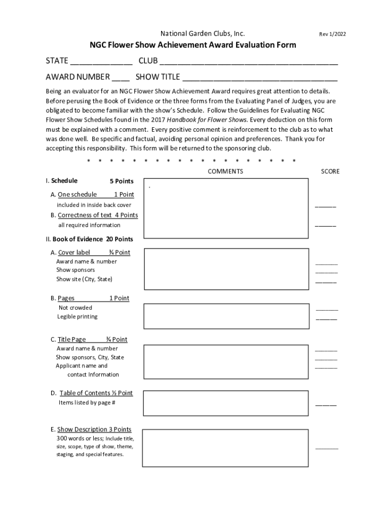 Fillable Online Evaluation Form for NGC Flower Show Achievement Award ...