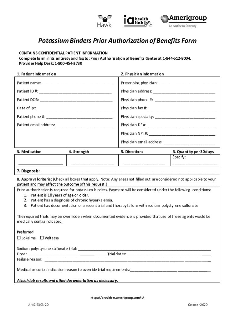Fillable Online Potassium Binders Prior Authorization of Benefits Form ...