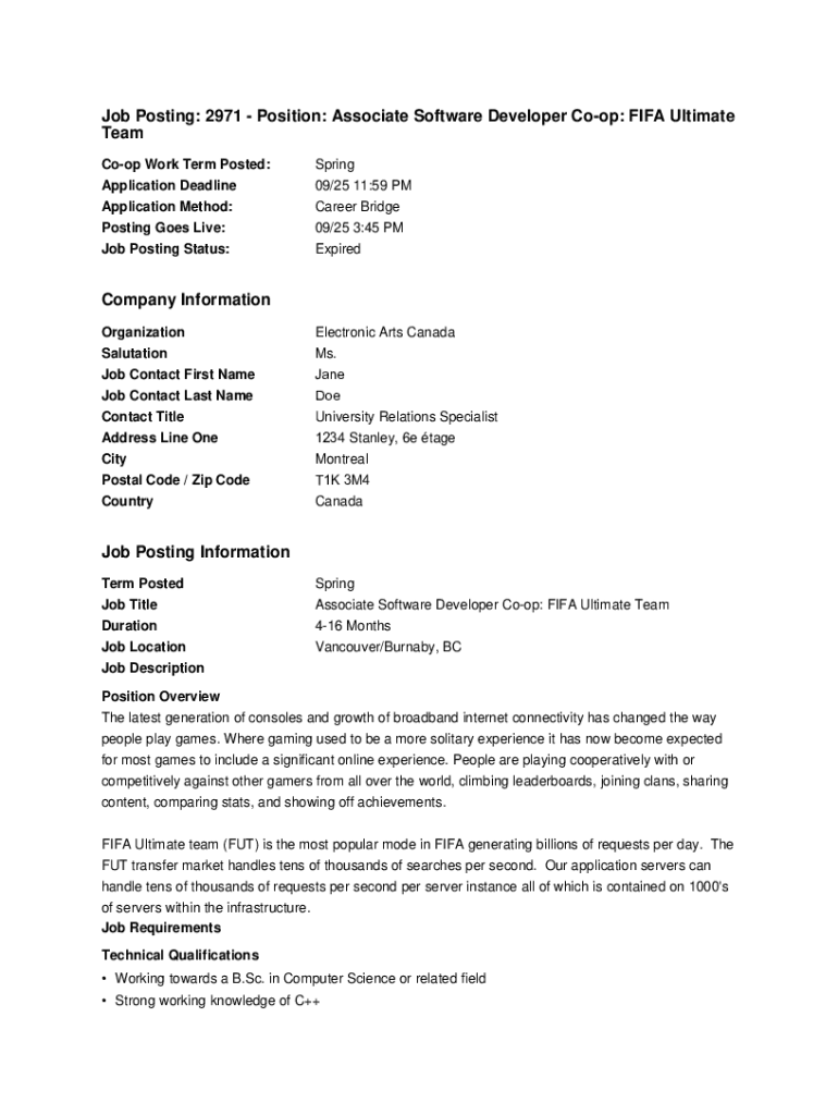 Fillable Online Java Software Engineer Co-Op (FC) at Electronic Arts ...