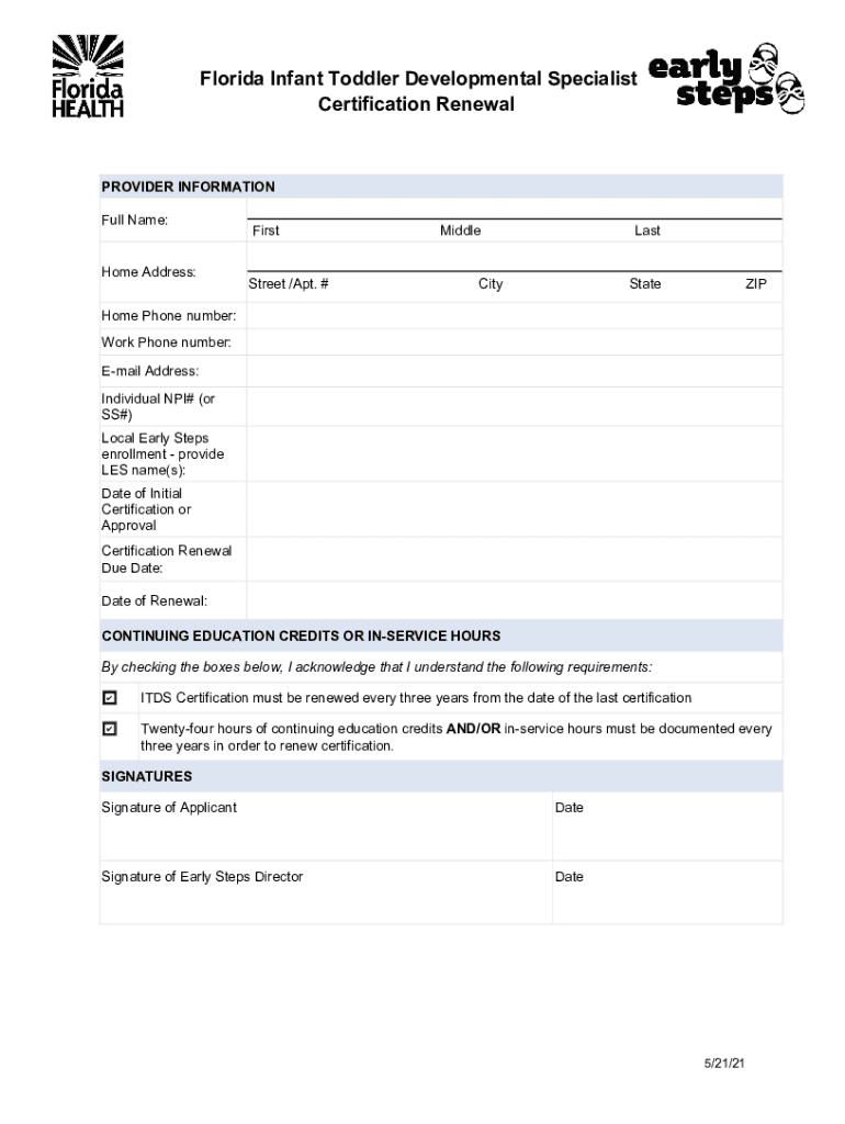 Fillable Online Infant Toddler Developmental Specialist (ITDS) Certificate ... Fax Email Print ...