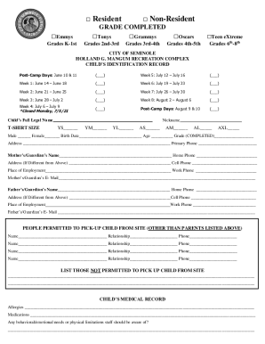 Fillable Online City of Seminole Recreation 2021 Child ID Form. City of ...