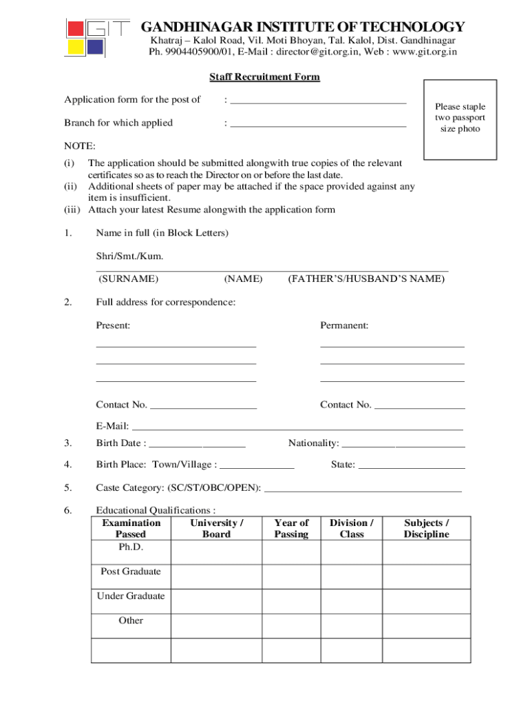 Fillable Online Staff Recruitment Form - Gandhinagar Institute Of ...