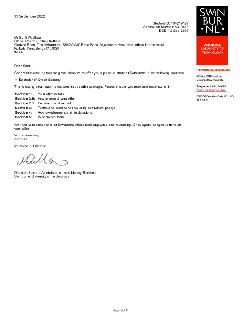 Fillable Online 15 September 2022 Student ID: 104219127 Application ...