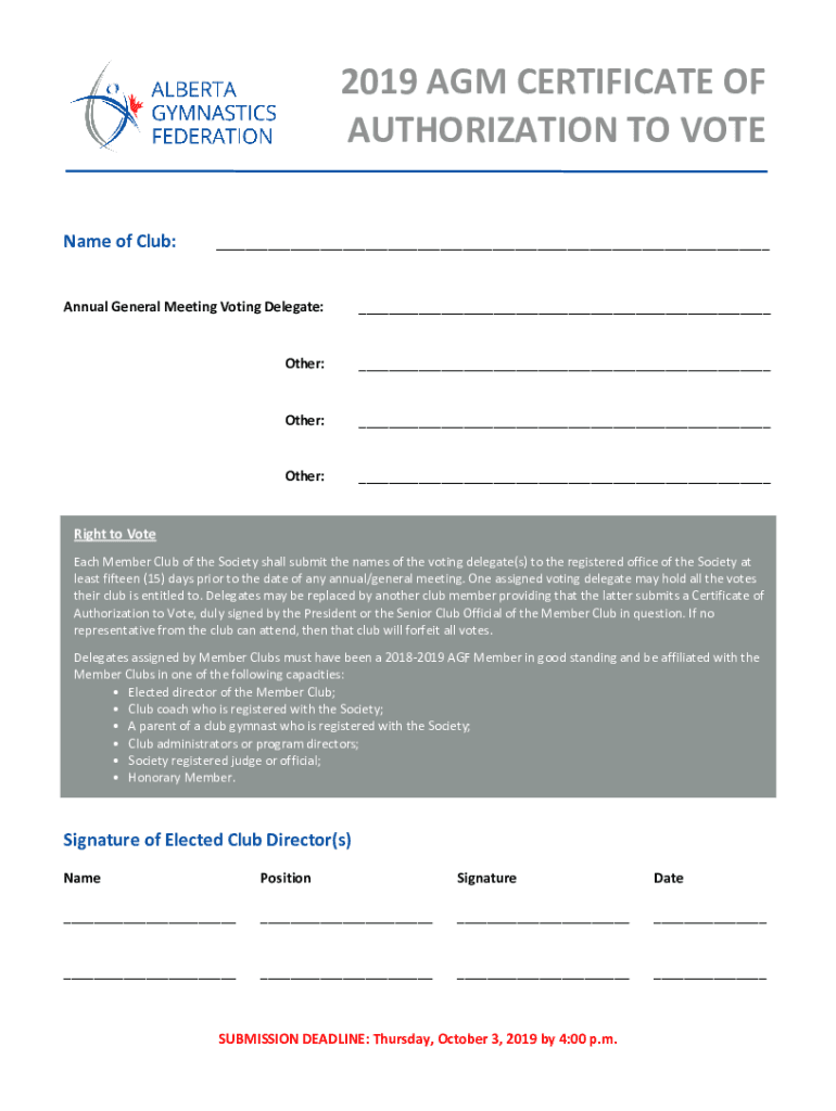 Fillable Online 2019 AGM CERTIFICATE OF AUTHORIZATION TO VOTE Fax Email ...
