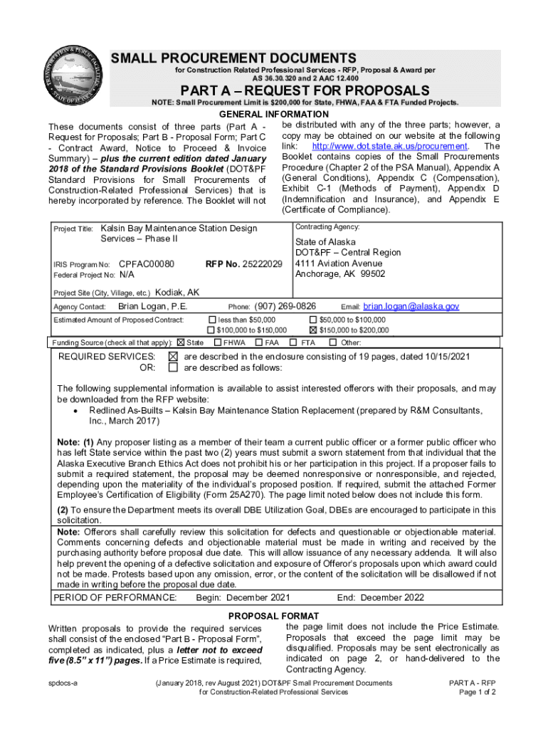 Fillable Online dot alaska Request for Proposals; Part B - Proposal Form; Part C Fax Email Print ...