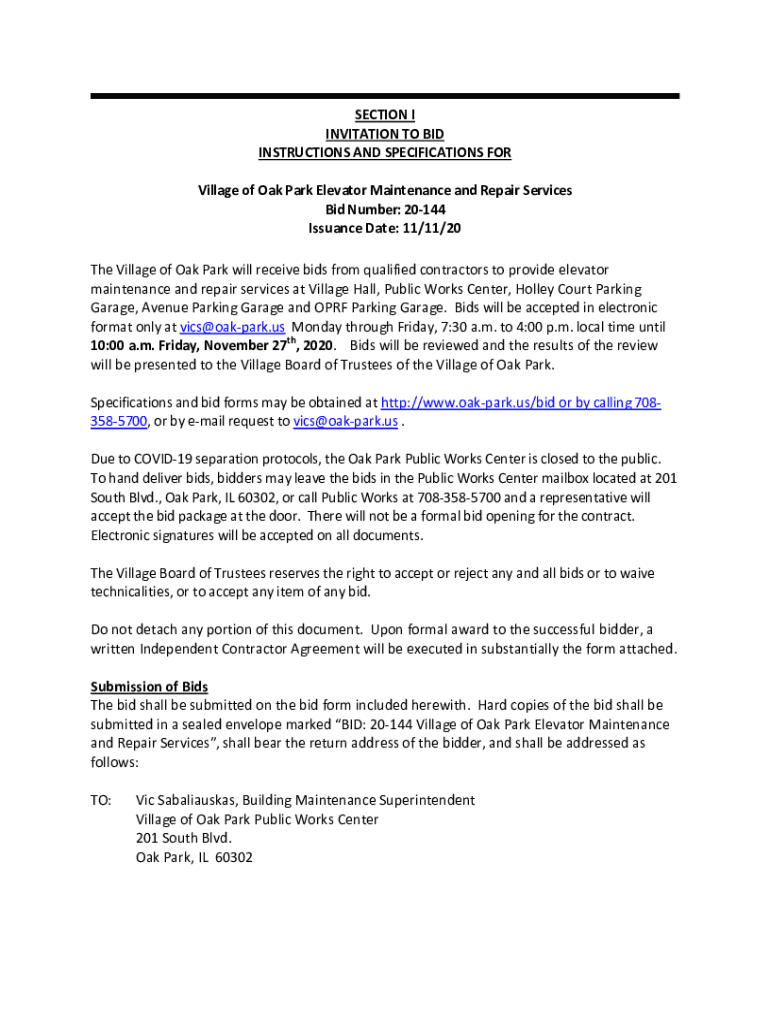 Fillable Online Invitation to bid on-call elevator maintenance, repairs ...