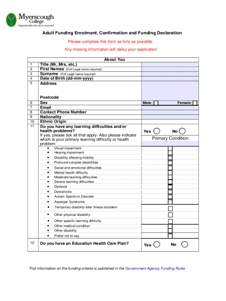 Fillable Online Adult Funding Enrolment, Confirmation and Funding ...
