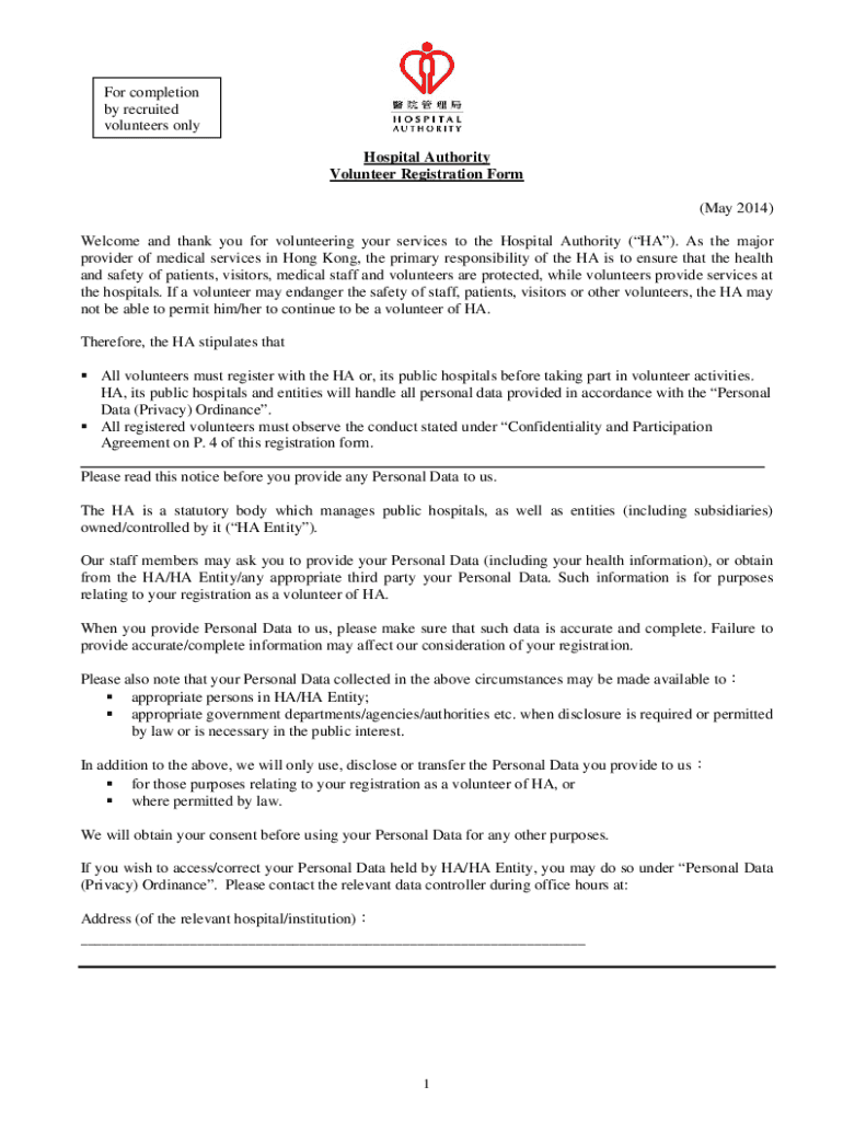 Fillable Online www3 ha org Hospital Authority Volunteer Registration ...