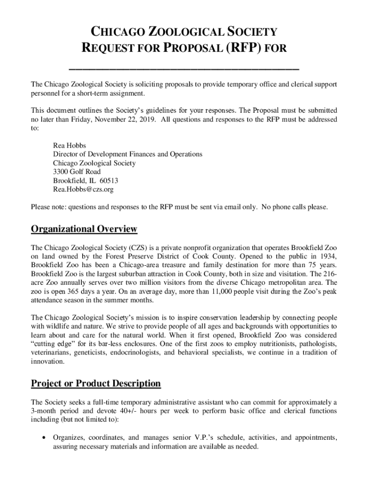 Fillable Online Chicago Zoological Society Request for Proposal ...