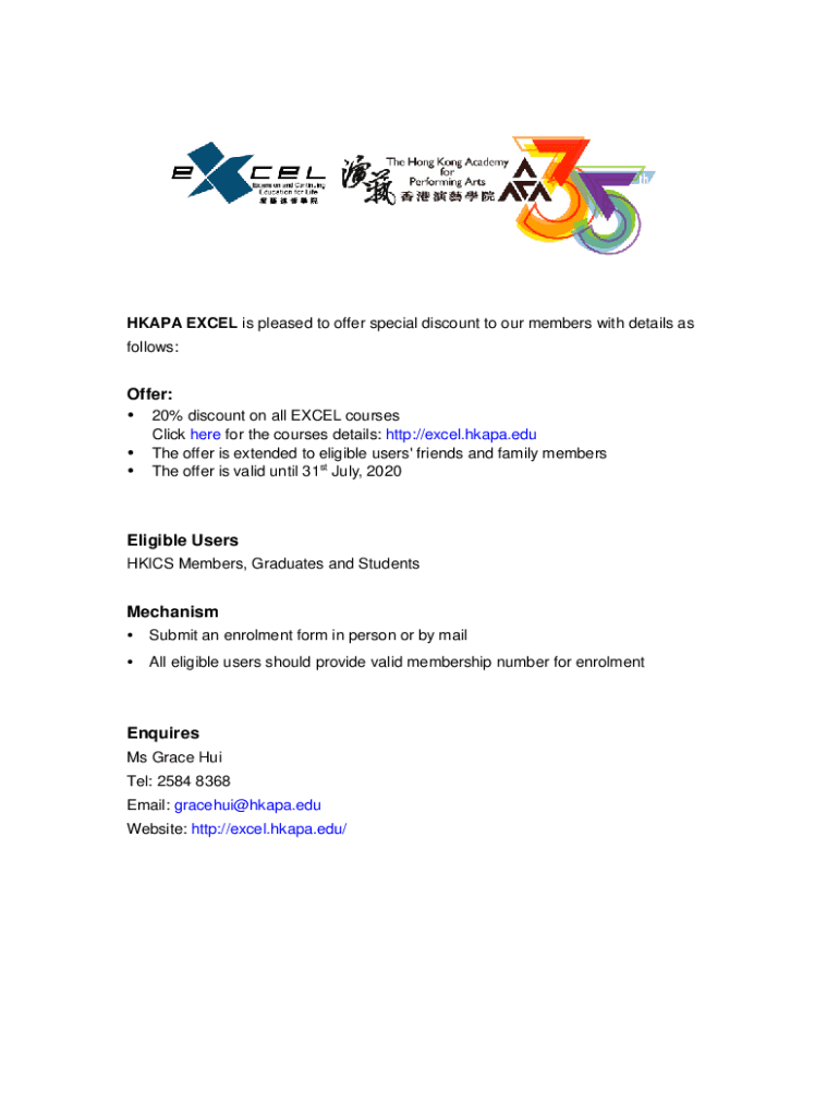 Fillable Online HKAPA EXCEL is pleased to offer special discount to our ...