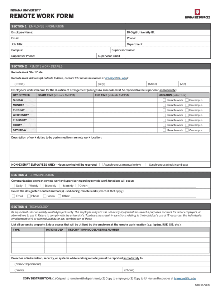 Fillable Online hr iu IU Remote Work Form Fax Email Print - pdfFiller