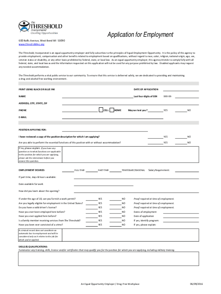 Fillable Online Employment Application.xlsx - THE THRESHOLD INC Fax Email Print - pdfFiller