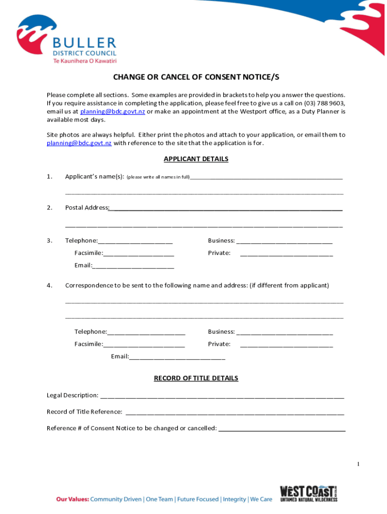 Fillable Online Application For Change Or Cancel Of Consent Notice Fax ...