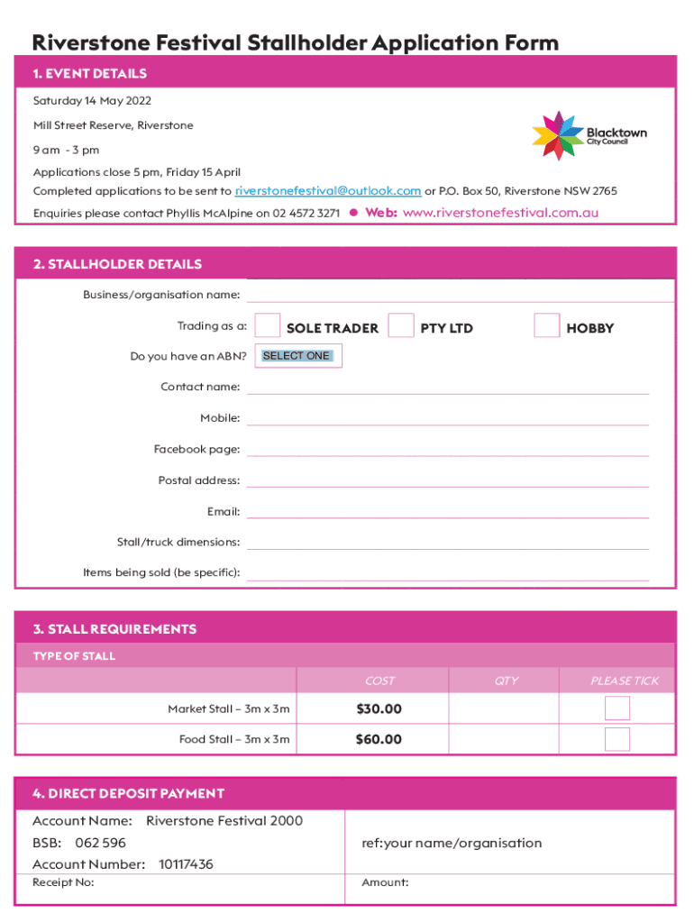 Fillable Online Riverstone Festival Stallholder Application Form Fax Email Print - pdfFiller