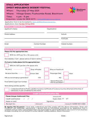 Fillable Online STALL APPLICATION SWEET INDULGENCE DESSERT ... Fax ...