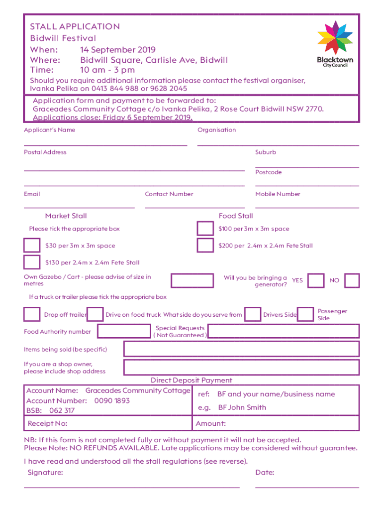 Fillable Online STALL APPLICATION Bidwill Festival When Fax Email Print - pdfFiller