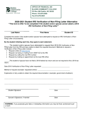 Fillable Online 2020-2021 Student IRS Verification of Non-Filing Letter ...