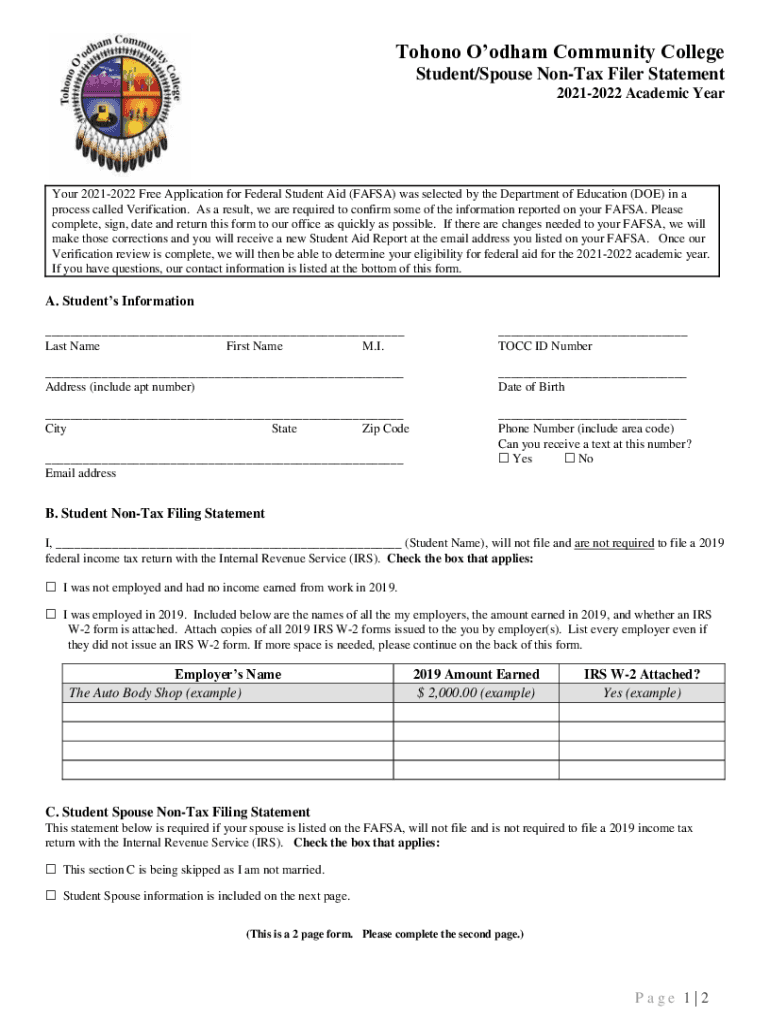 Fillable Online Student/Spouse Non-Tax Filer Statement Fax Email Print ...