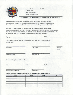 Fillable Online Residence Life Authorization for Release of Information ...
