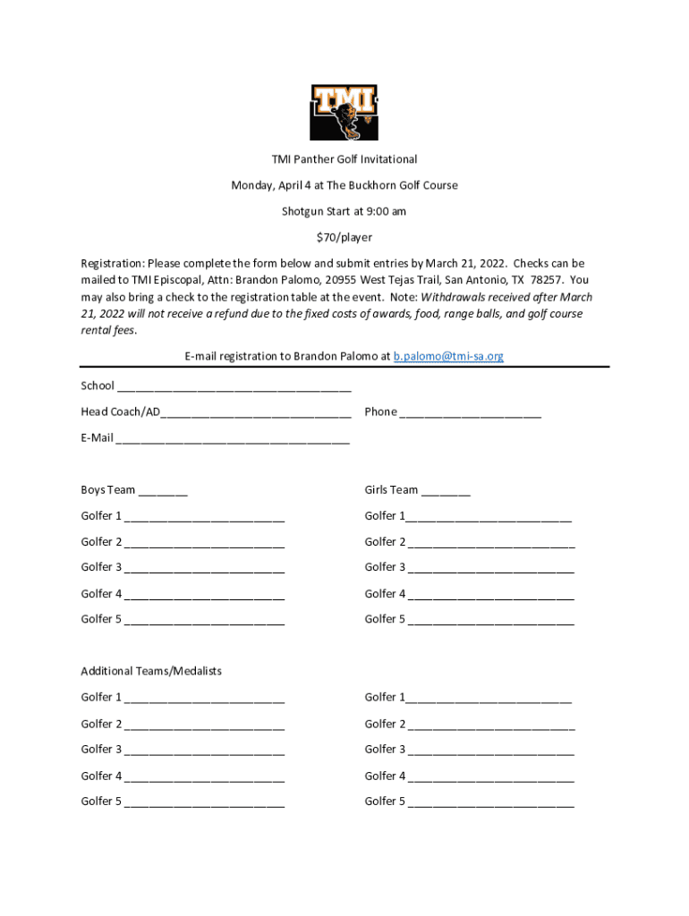 Fillable Online TMI Panther Golf Invitational - TAPPS.biz Fax Email Print - pdfFiller
