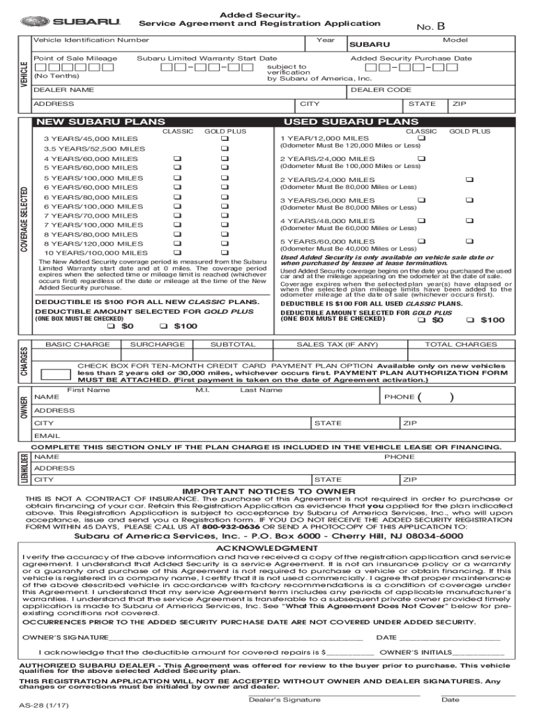 Fillable Online Subaru Added Security Vehicle Service Agreements Fax ...