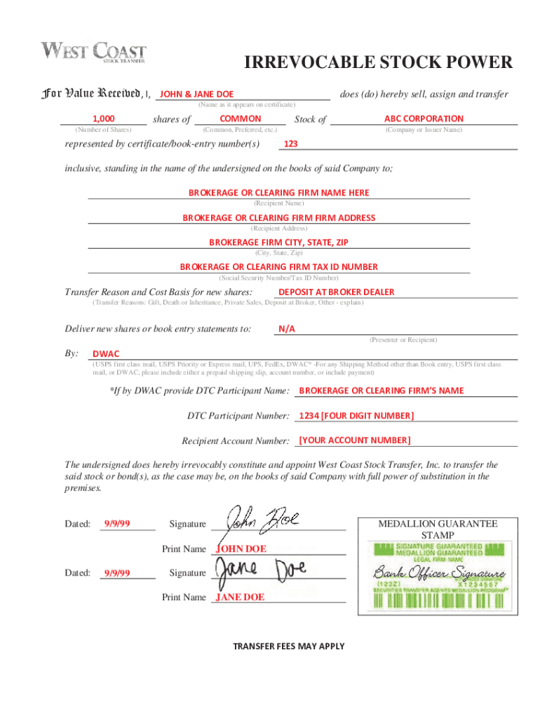 Fillable Online IRREVOCABLE STOCK POWER Sample Clauses - Law Insider Fax Email Print - pdfFiller