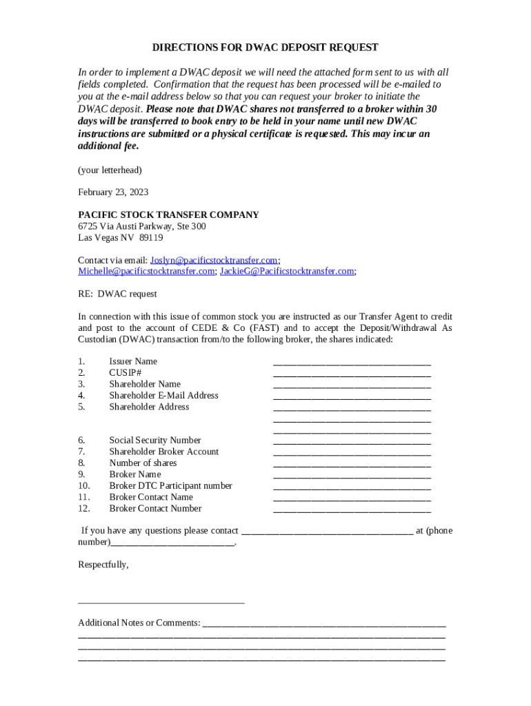 DIRECTIONS FOR DWAC DEPOSIT REQUEST Doc Template | pdfFiller