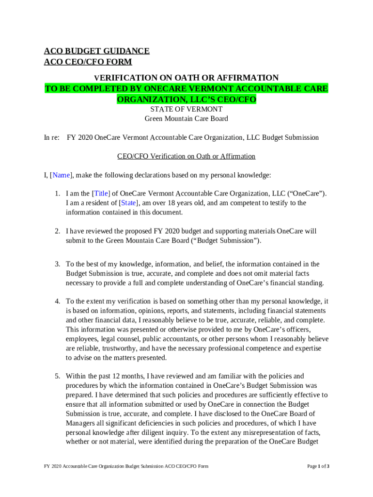 ACO CEO/CFO Verification on Oath or Affirmation Doc Template | pdfFiller