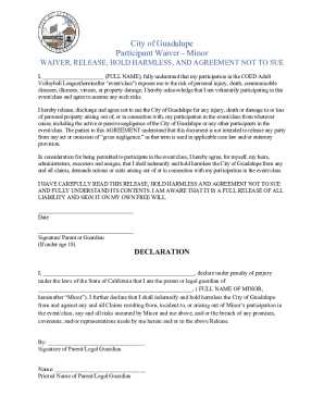 Fillable Online ci guadalupe ca (#1) WAIVER AND RELEASE OF LIABILITY In consideration of the ...