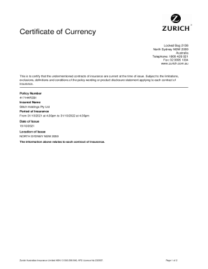 Fillable Online Certificate of Currency - Parramatta Park Fax Email ...