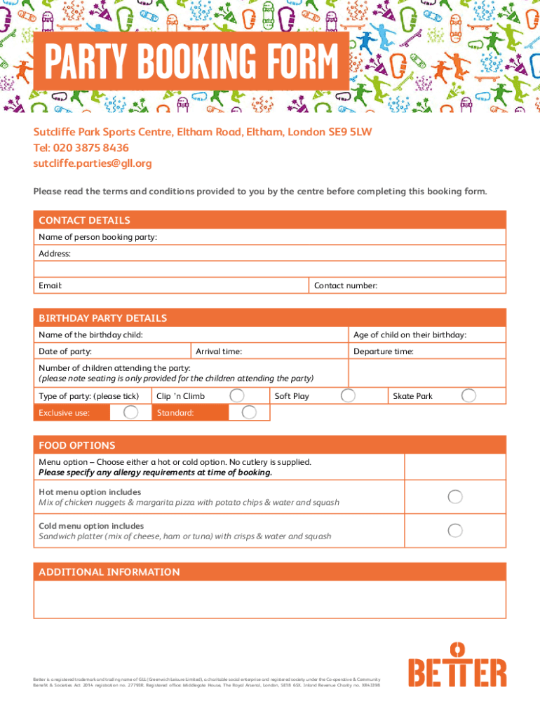 Fillable Online PARTY BOOKING FORM - Better Fax Email Print - pdfFiller