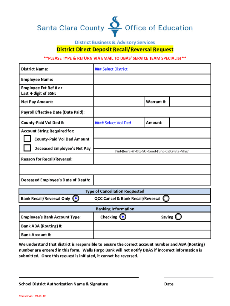 Fillable Online Direct Deposit Recall-Reversal Form Revised 09-01-18 ...