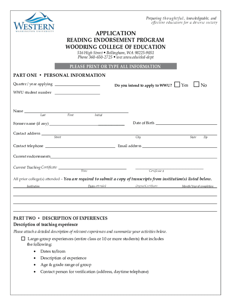 Fillable Online wce wwu APPLICATION READING ENDORSEMENT PROGRAM ... Fax ...
