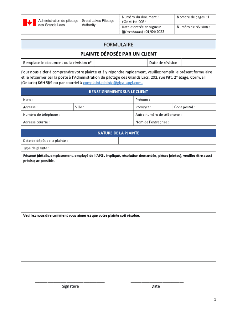 Remplissable En Ligne FORMULAIRE PLAINTE DPOSE PAR UN CLIENT Fax Email Imprimer - pdfFiller