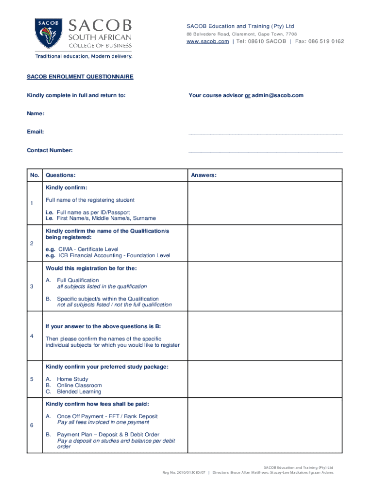 Fillable Online SACOB ENROLMENT QUESTIONNAIRE Kindly complete in full ...