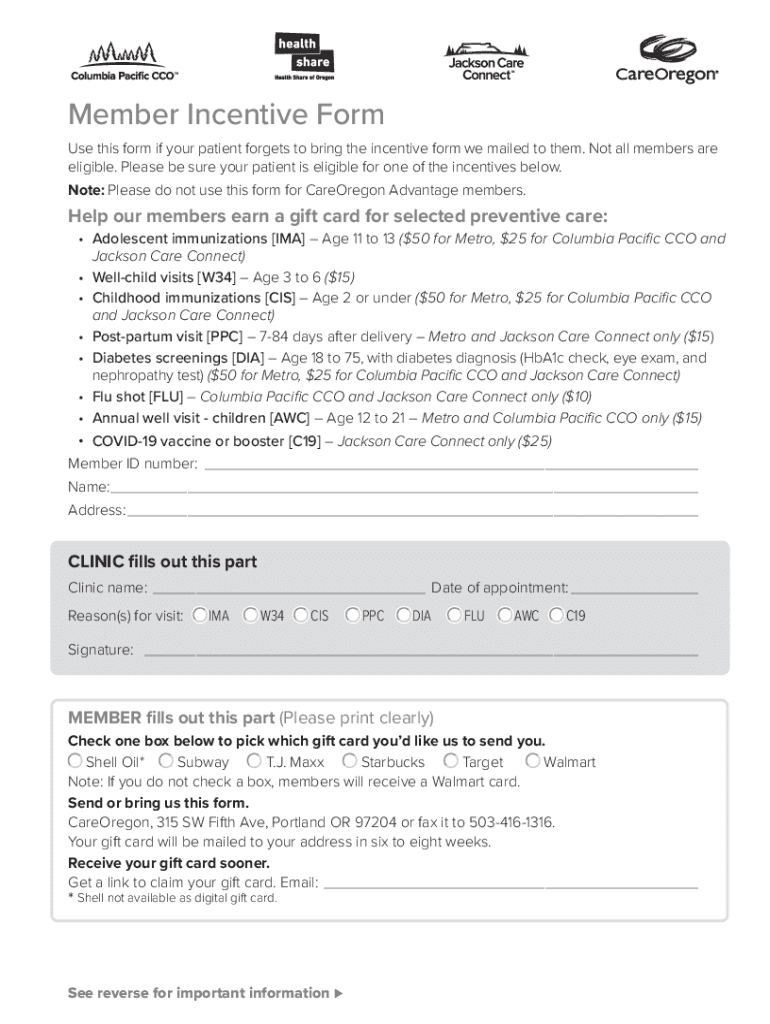 Fillable Online Member Incentive form - CareOregon Dental Fax Email ...