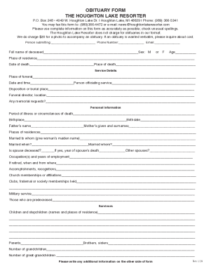 Fillable Online OBITUARY FORM THE HOUGHTON LAKE RESORTER Fax Email Print - pdfFiller
