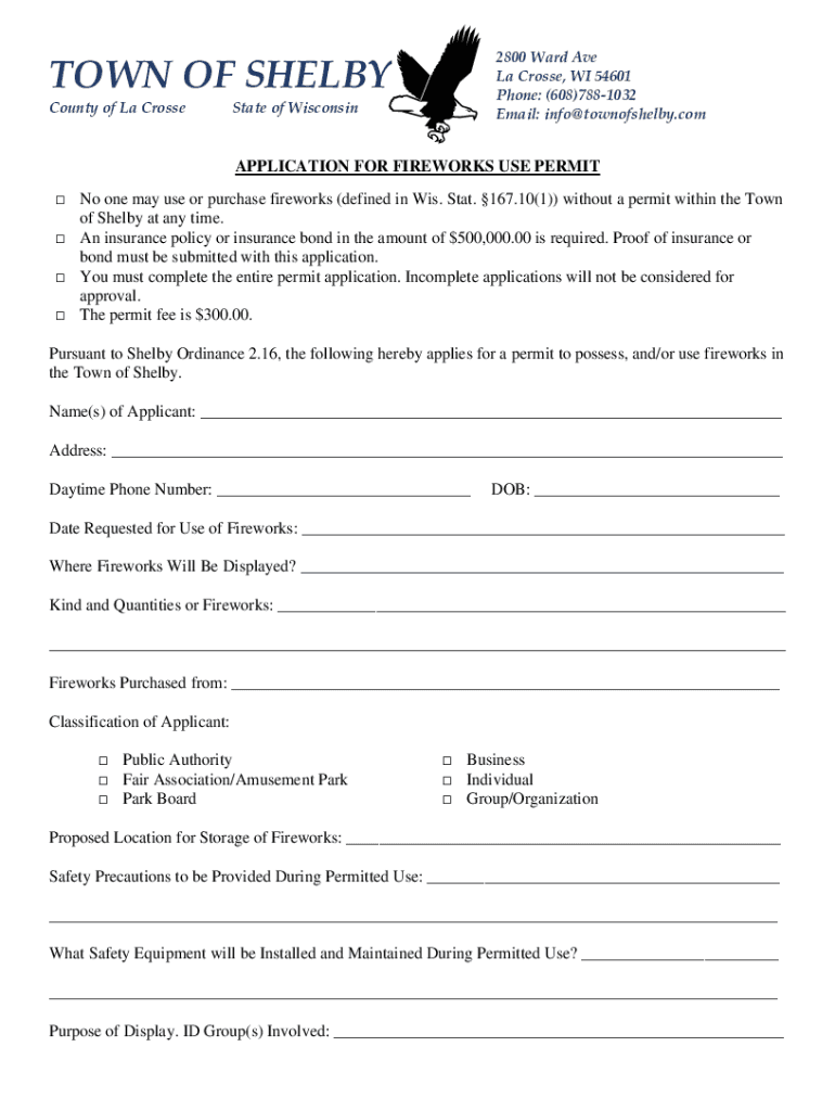 Fillable Online Application for Fireworks Permit - Town of Shelby Fax Email Print - pdfFiller